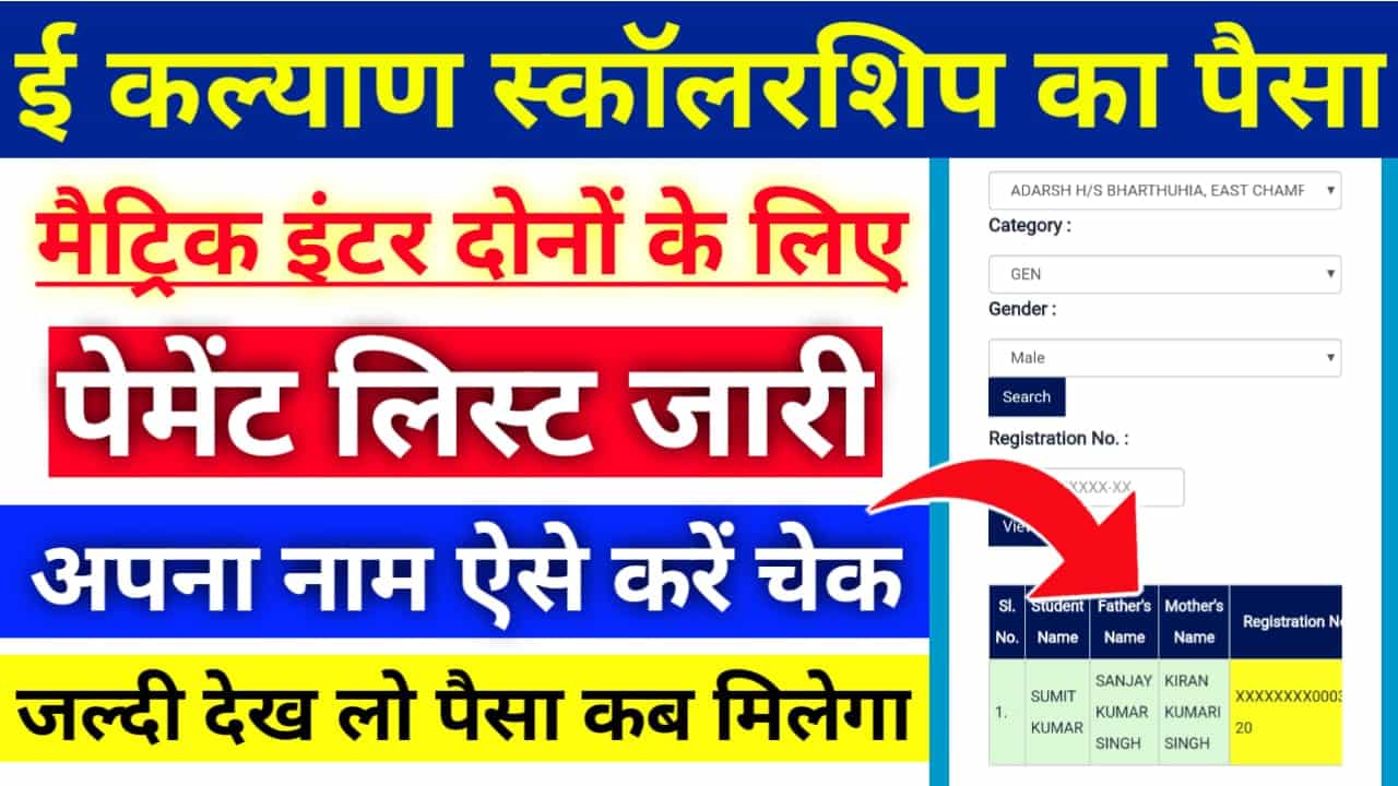 E Kalyan Matric Inter Scholarship Payment List ई कल्याण मैट्रिक इंटर